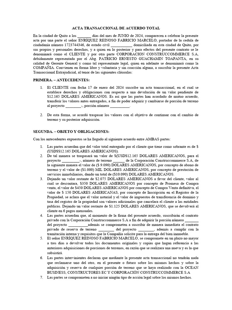 Acta Transaccional de Acuerdo 2024 | PDF | Daños y perjuicios