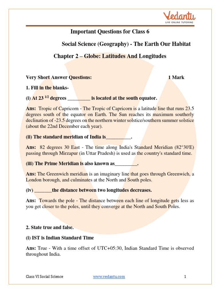 Important Questions Class 6 Social Science The Earth Our Habitat ...