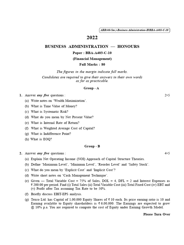 BBA Financial Management Question Paper 2022 | PDF | Cost Of Capital ...