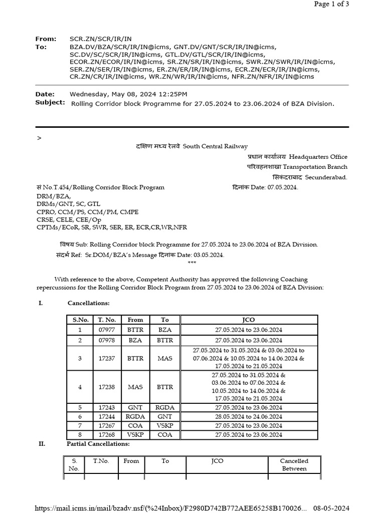 Rolling Corridor Block Programme for 27.05.2024 to 23.06.2024 of BZA Division | PDF