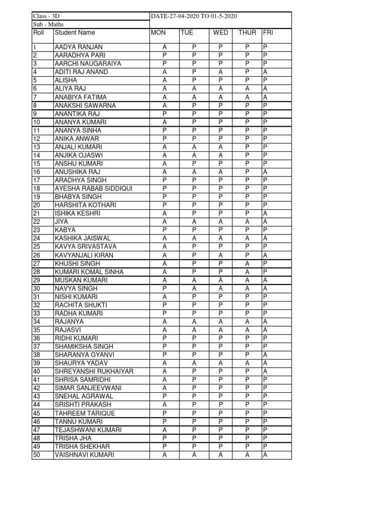 3d (Math) Attendance | PDF