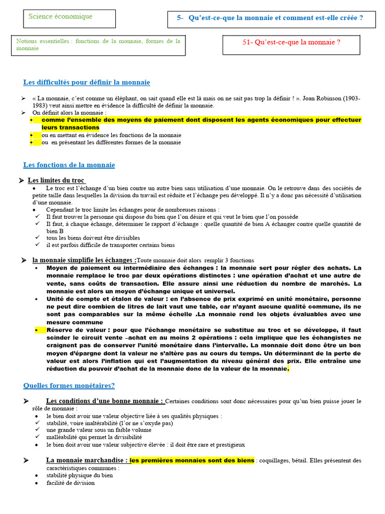 Définir la monnaie et ses fonctions | PDF | Argent | Monnaie scripturale