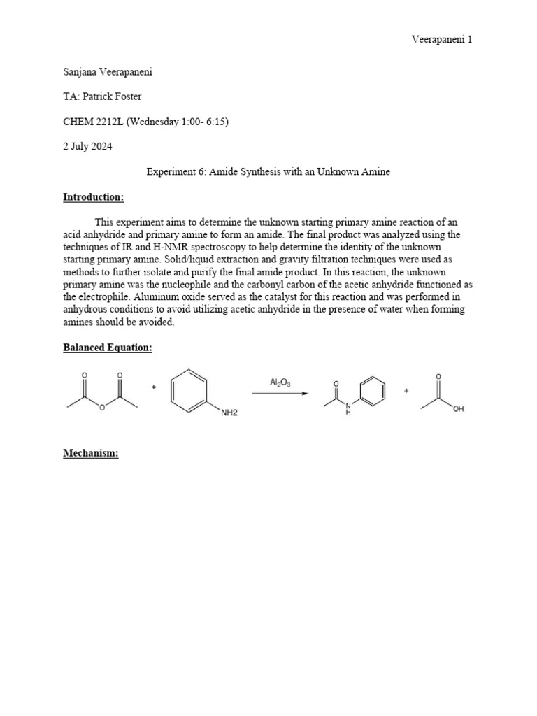 Uga Ochem 2 Lab Report 6 | PDF | Acetic Acid | Amine Uga Ochem 2 Lab Report 6 | PDF | Acetic Acid | Amine