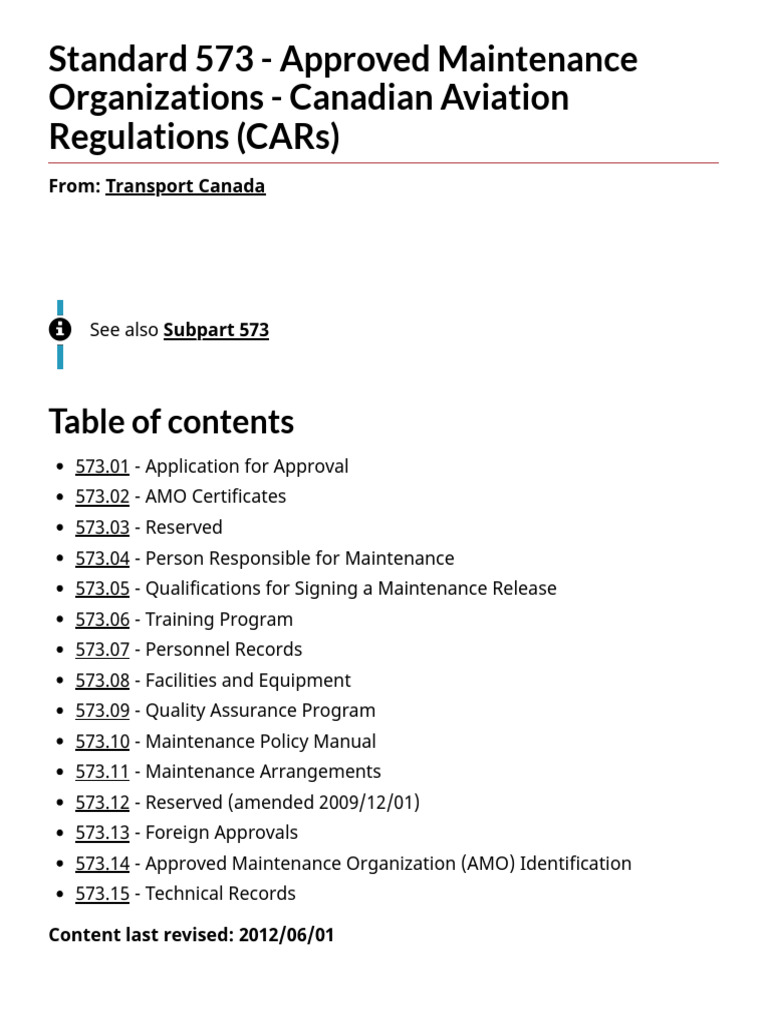 Standard 573 Approved Maintenance Organizations Canadian Aviation