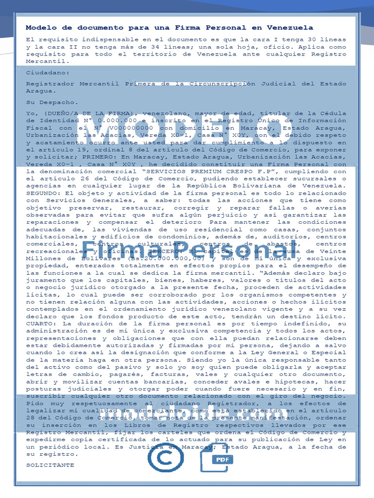 Modelo de documento para una Firma Personal en Venezuela | Descargar ...