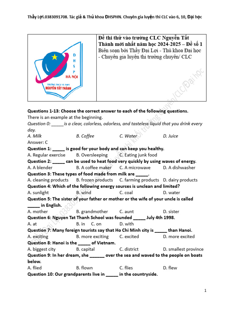 Đề Thi Vào Lớp 6 CLC Trường Nguyễn Tất Thành - Đề Số 1 | PDF