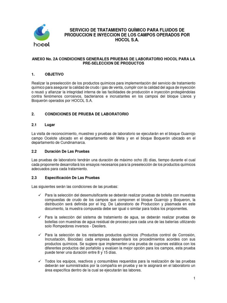 Anexo 2A Lineamientos Pruebas de Laboratorio HOCOL - PDF | PDF | Laboratorios | Agua
