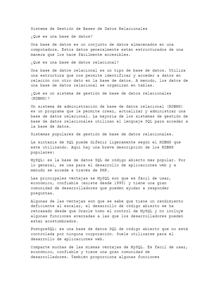 Sistema De Gestión De Bases De Datos Relacionales Pdf Mi Sql 5347