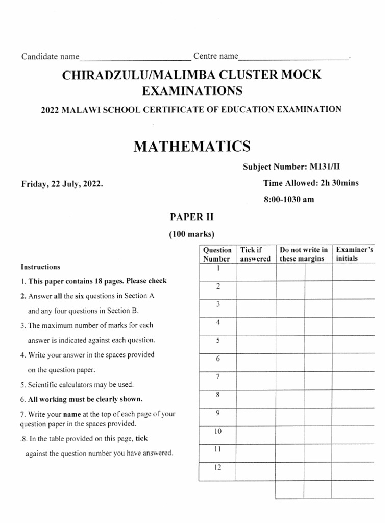 2022 CZ - Mathematics Paper Ii - Msce Mock | PDF