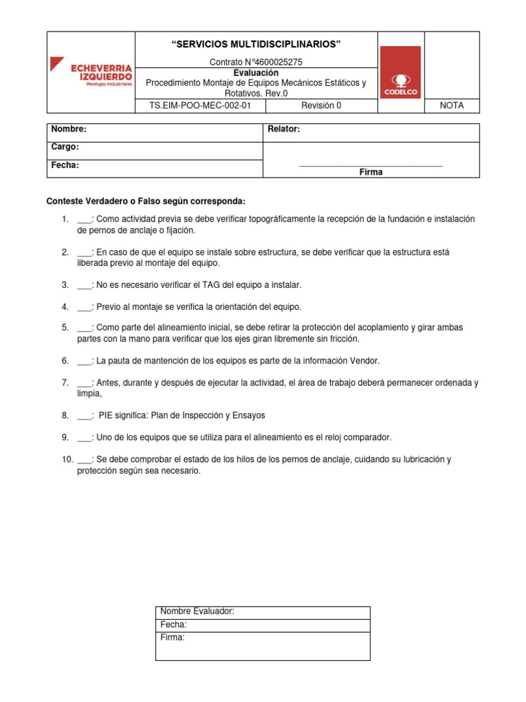 TS - EIM-POO-MEC-002-01 Evaluacion Procedimiento Mont Equipos Mecan Estat y Rotativos Rev.0 | PDF