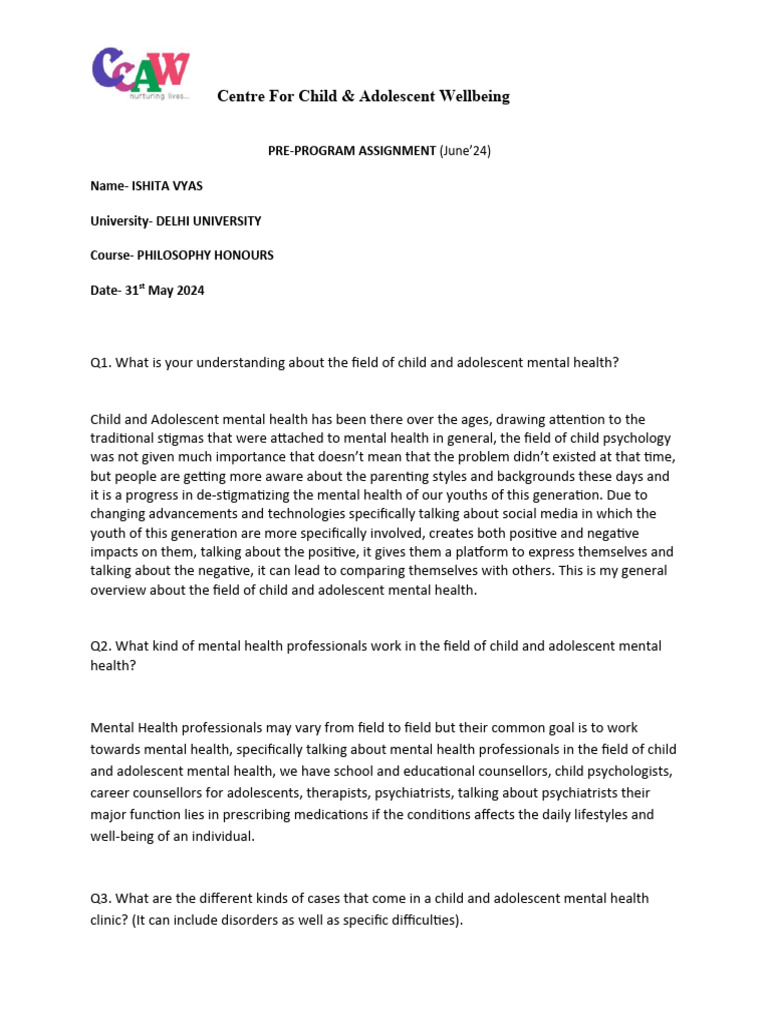 Pre Program Assignment 1 (Final) | PDF | Psychotherapy | Mental Health