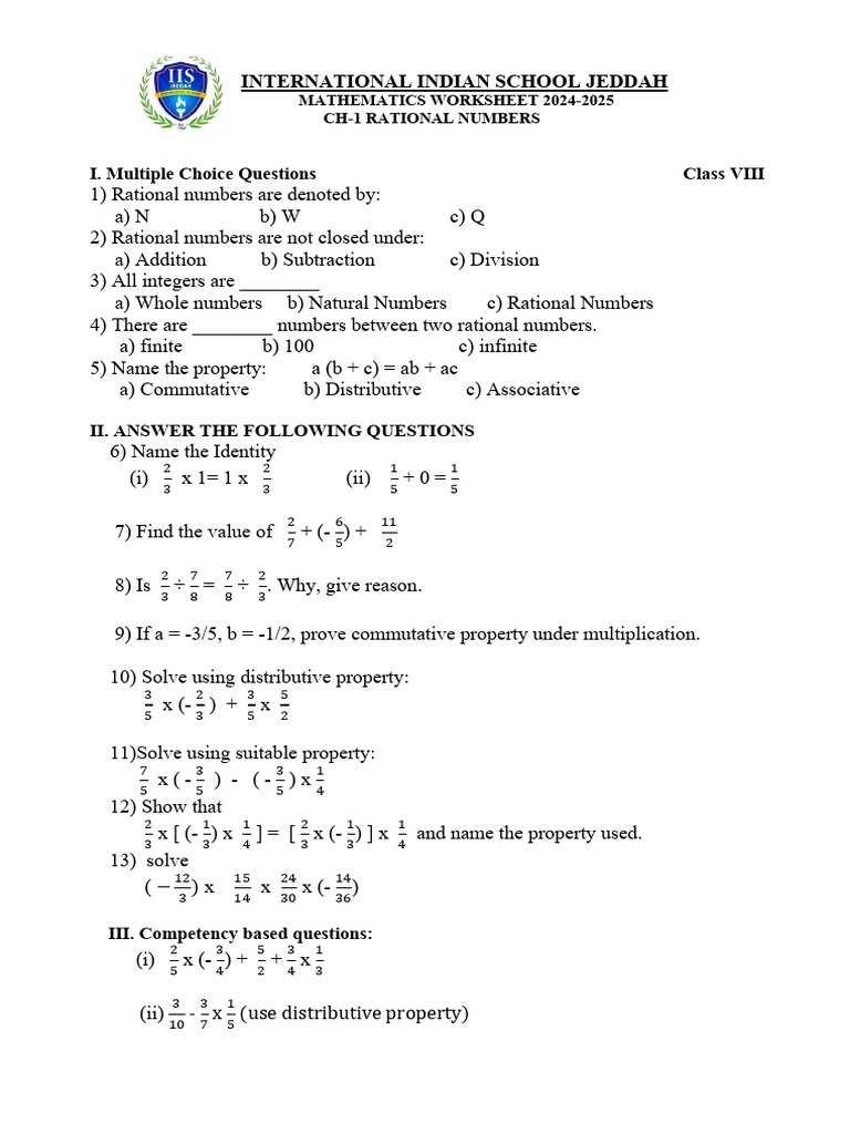 CL 8 Ws Rational Numbers | PDF | Numbers | Integer