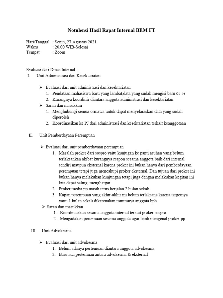 Notulensi Hasil Rapat Internal BEM FT | PDF
