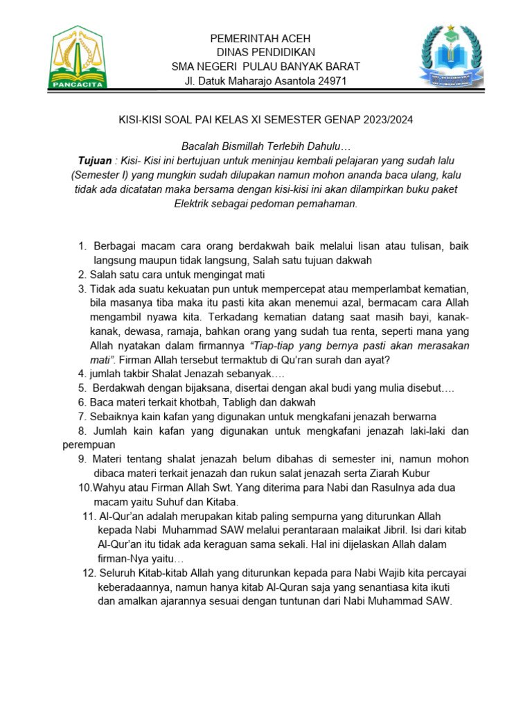 Kisi-Kisi PAI Kelas XI 2023/2024 | PDF
