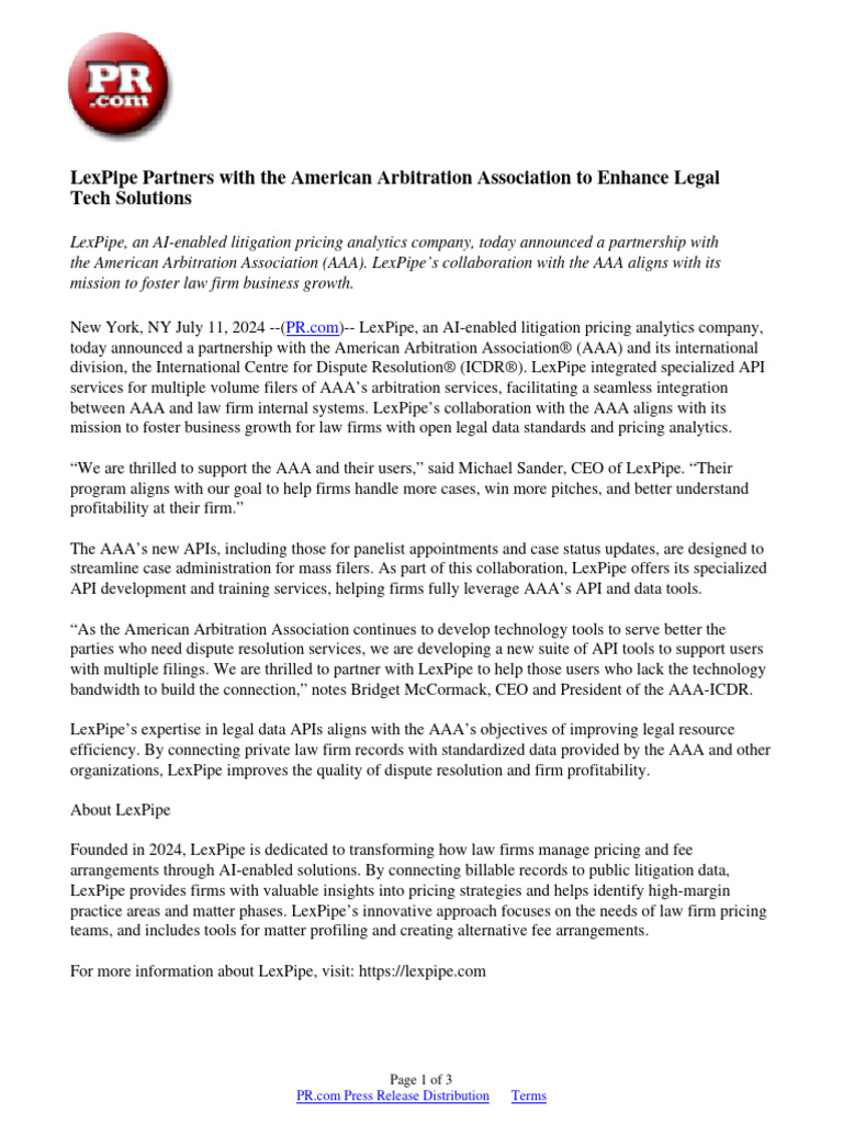 LexPipe Partners With The American Arbitration Association To Enhance Legal Tech Solutions | PDF ...