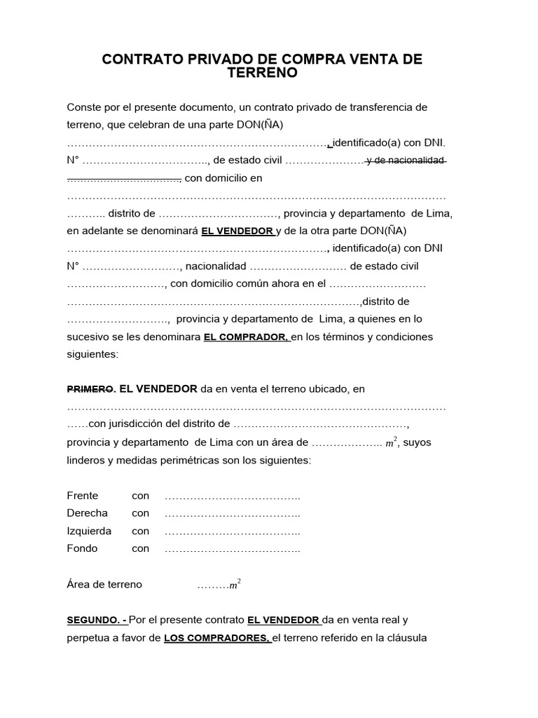 Contrato de Compra y Venta de Terreno Formato | PDF