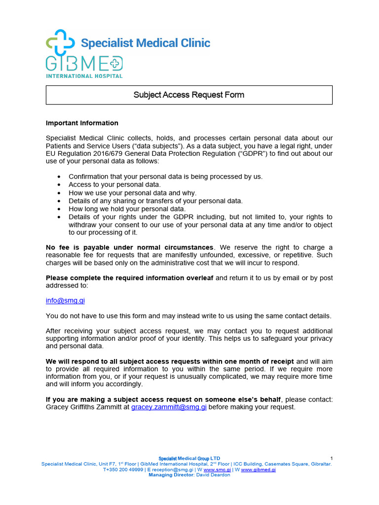 Subject Access Request Form NEW 1 Updated 2024 | PDF