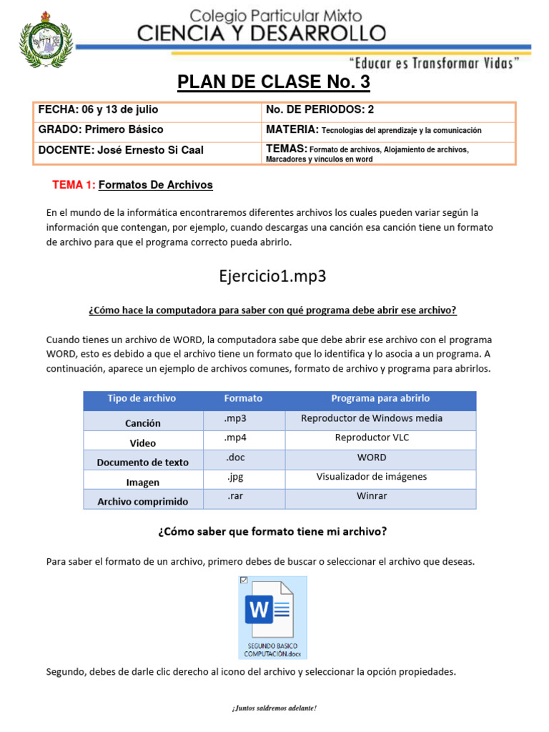 PLAN de CLASE 3 Primero Basico | PDF | Archivo de computadora | Computación en la nube