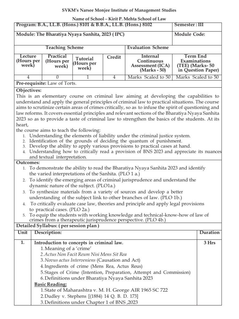 Sem III - The Bharatiya Nyaya Sanhita, 2023 (IPC) - 2024-25 | PDF | Criminal Law | Misconduct