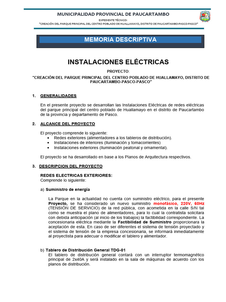 MEMORIA DESCRIPTIVA DE INSTALACIONES ELÉCTRICAS | Descargar gratis PDF | Ciencia de los ...