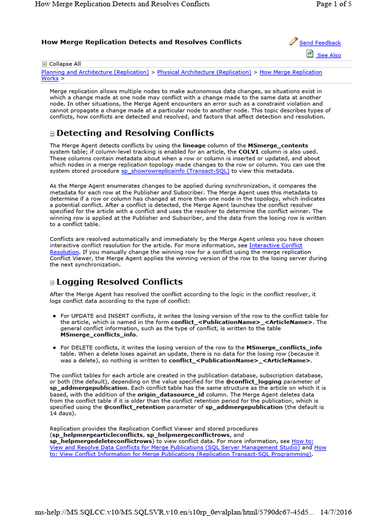 How Merge Replication Detects and Resolves Conflicts | PDF | Replication (Computing) | Table ...