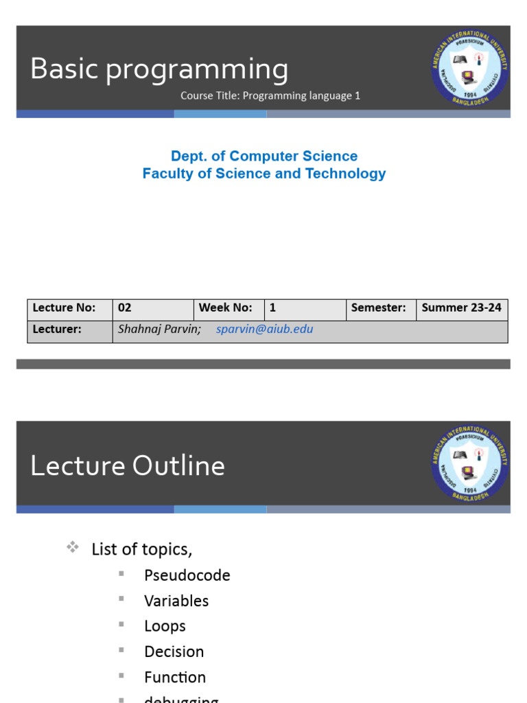 PL1 Lecture 1.3 Basic Concepts | PDF | Computer Program | Programming