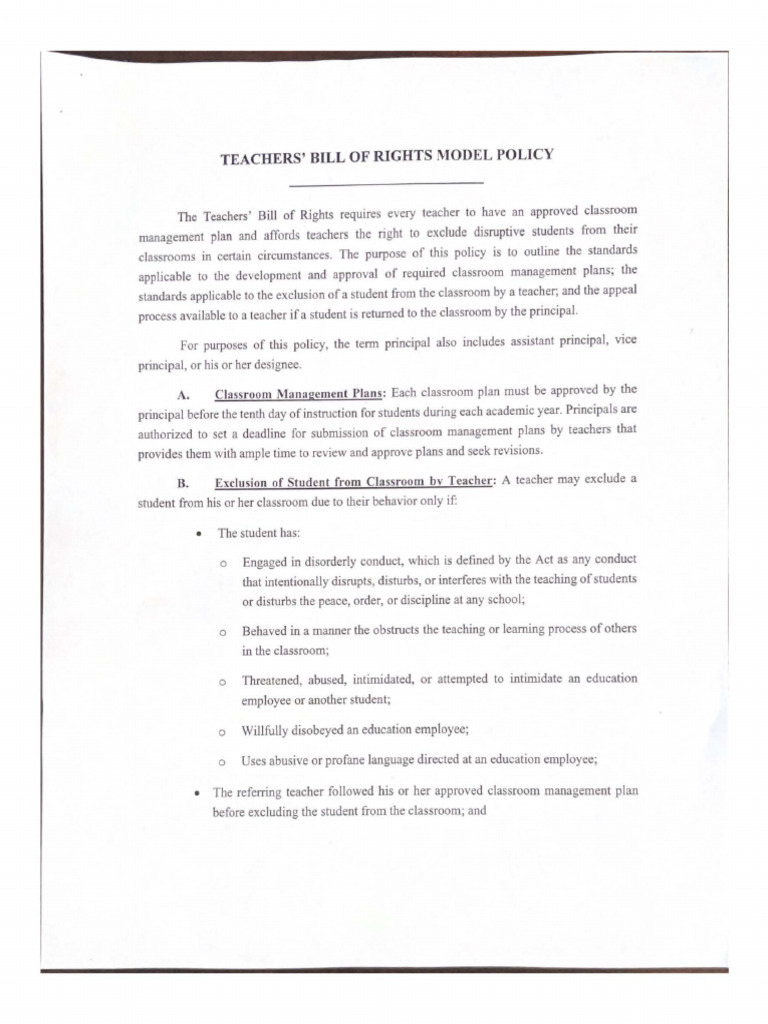 Teachers' Bill of Rights Model Policy DRAFT | PDF | Classroom ...