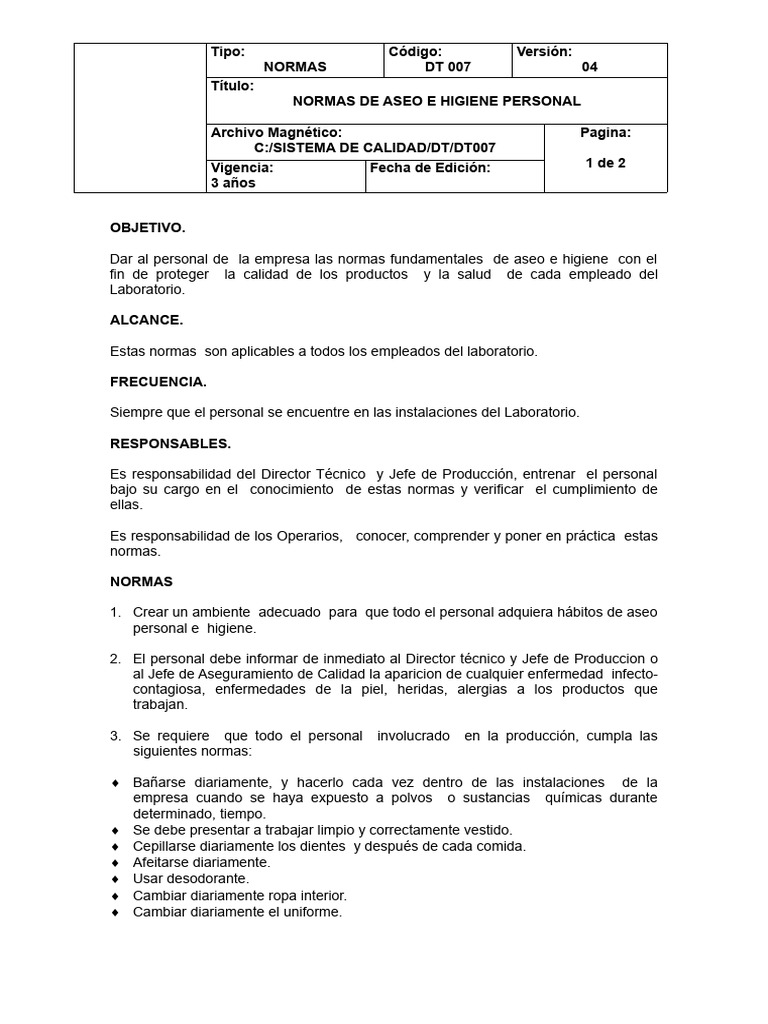 Normas de Aseo e Higiene Personal | PDF | Higiene | Laboratorios