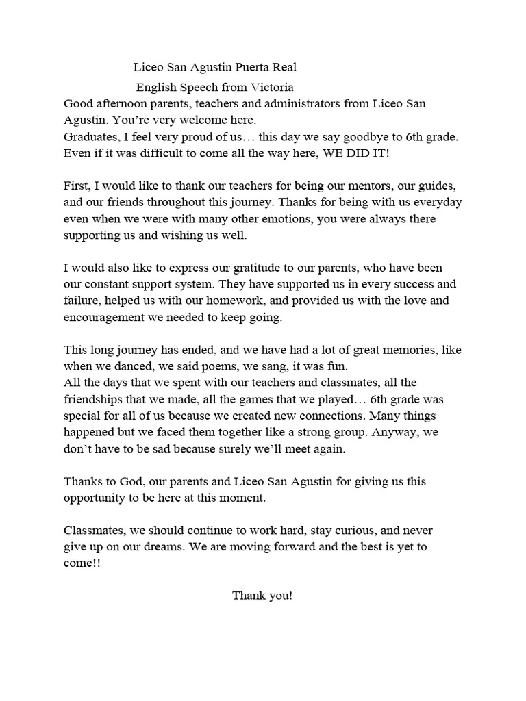 6th Grade Graduation Speech | PDF