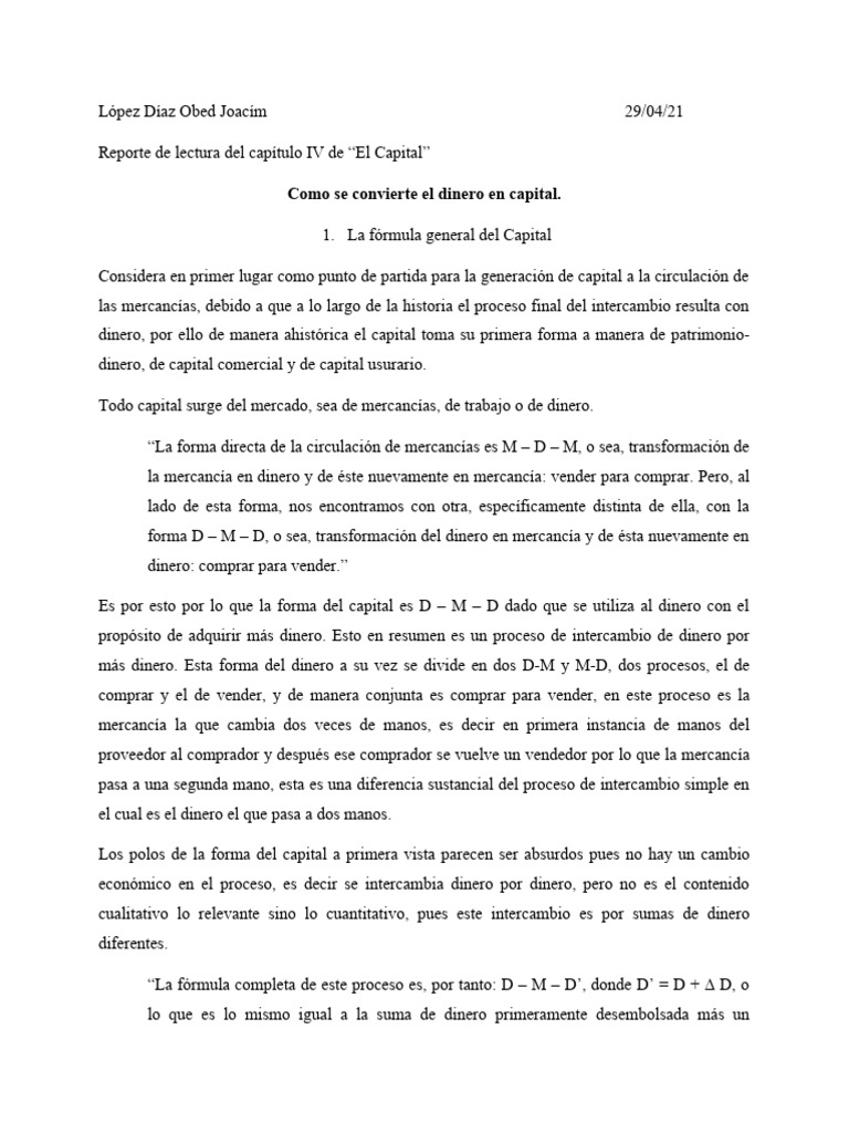 Reporte de Lectura Del Capítulo IV de El Capital | PDF | Capital (economía) | Economía política
