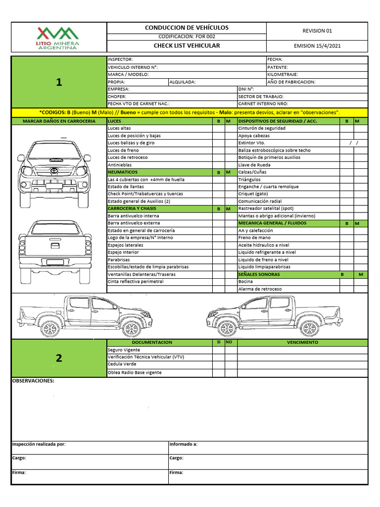 FOR 002 CHECK LIST VEHICULAR Rev01 | PDF | Vehículos con tracción ...