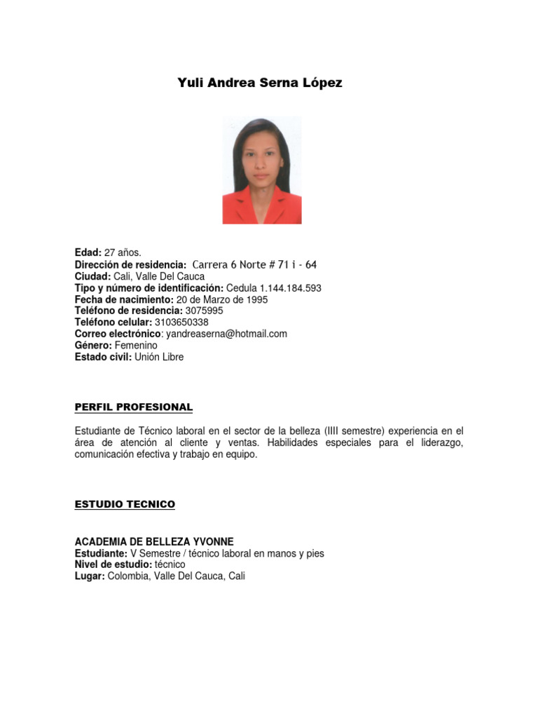 Hoja de Vida Yuli Andrea Serna Lopez | PDF