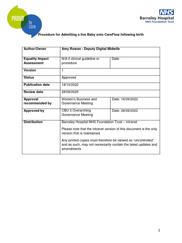 Admitting A Live Baby Onto Careflow Following Birth | PDF | Childbirth ...