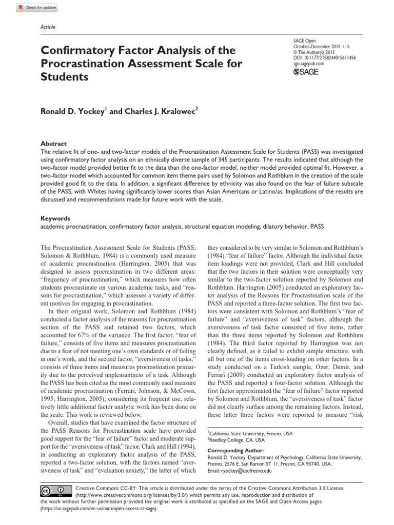 Yockey Kralowec 2015 Confirmatory Factor Analysis of the Procrastination Assessment Scale for ...