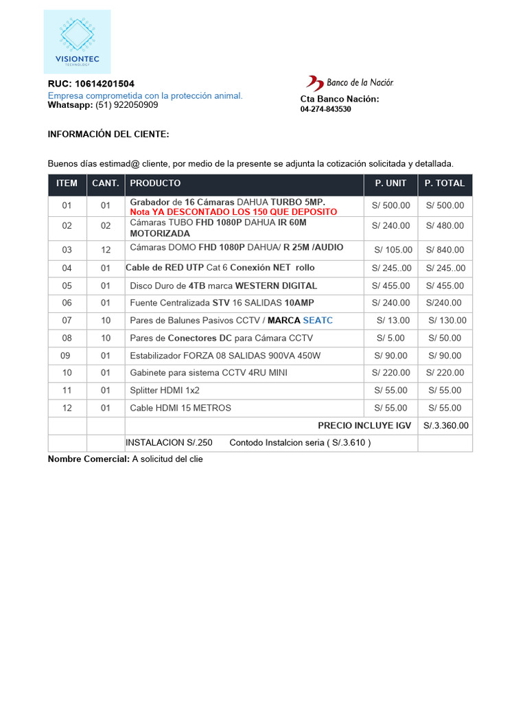 Cotización Equipos de Seguridad CCTV | PDF