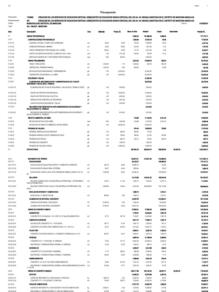 Pre Supuesto Des A Greg A Do | PDF | Ingeniería de Edificación ...