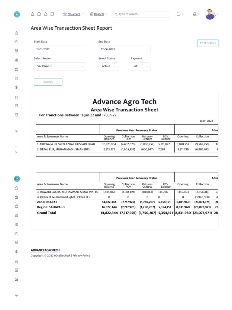 Area Wise Transaction Sheet -- Finance Advance Agrotech | PDF