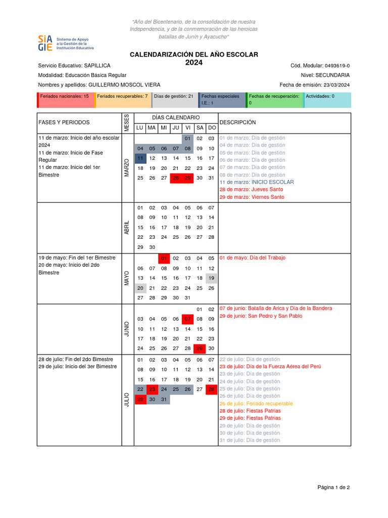 Calendarización Del Año Escolar | PDF | Observancias