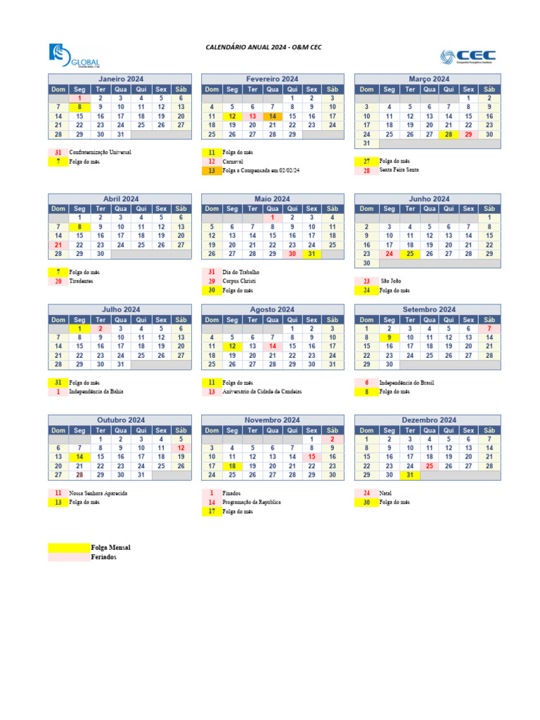 Calendário Anual 2024 O&M CEC e SFE | PDF