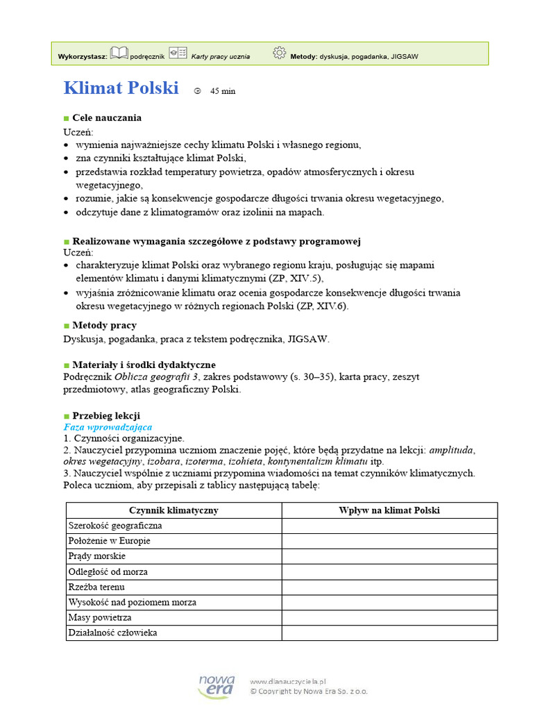 Scenariusz Lekcji Klimat Polski | PDF