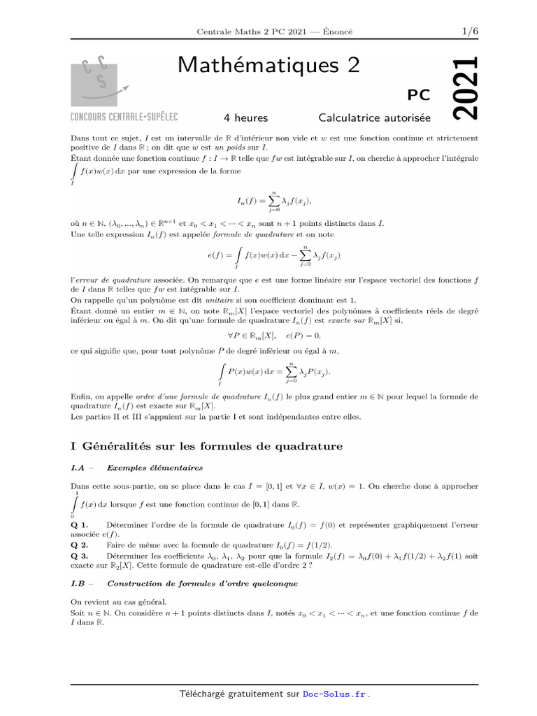 PC Maths Centrale 2 2021.enonce | PDF