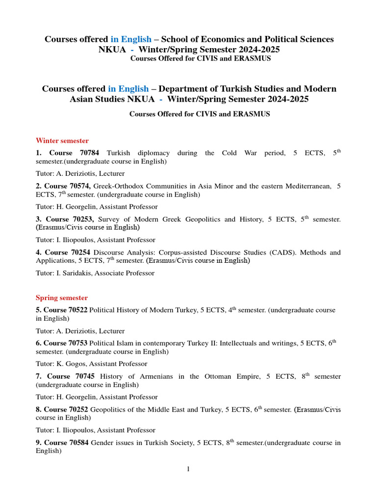 Courses Offered in English 2024-25 CIVIS and ERASMUS - Faculty of Economics and Political ...