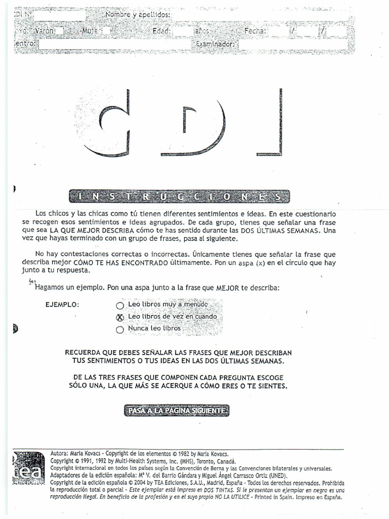 CDI - Test de Depresión Infantil | PDF