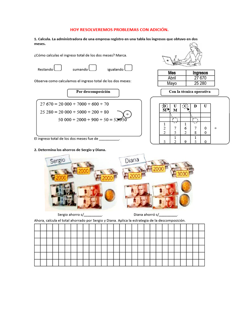 FICHA DE MATEMATICA PROBLEMAS DE ADICION | PDF