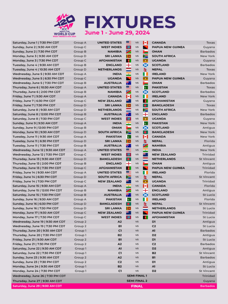 Mens T20 World Cup 2024 Schedule | PDF