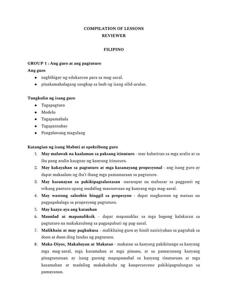 Reviewer: Pagtuturo NG Filipino Sa Elementarya (Pagtuturo NG Panitikan ...