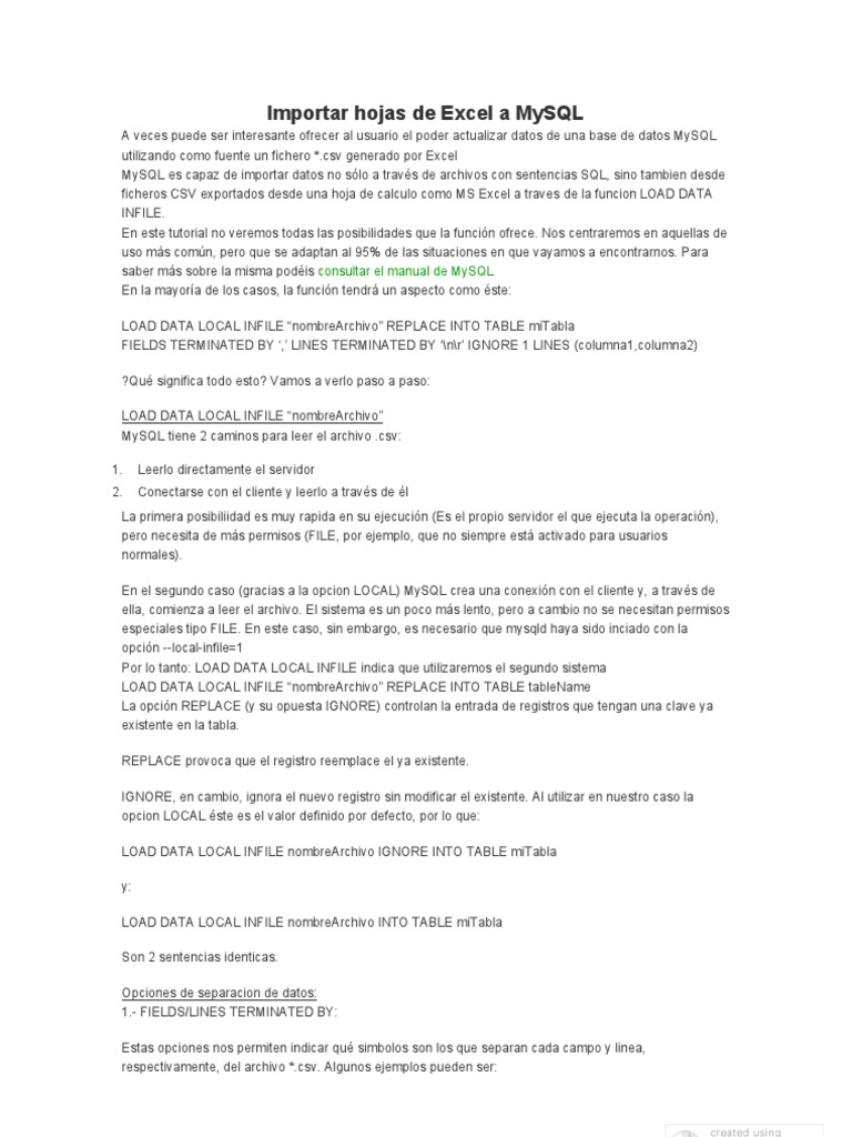Importar Hojas de Excel A MySQL | PDF | Tabla (base de datos) | Archivo ...
