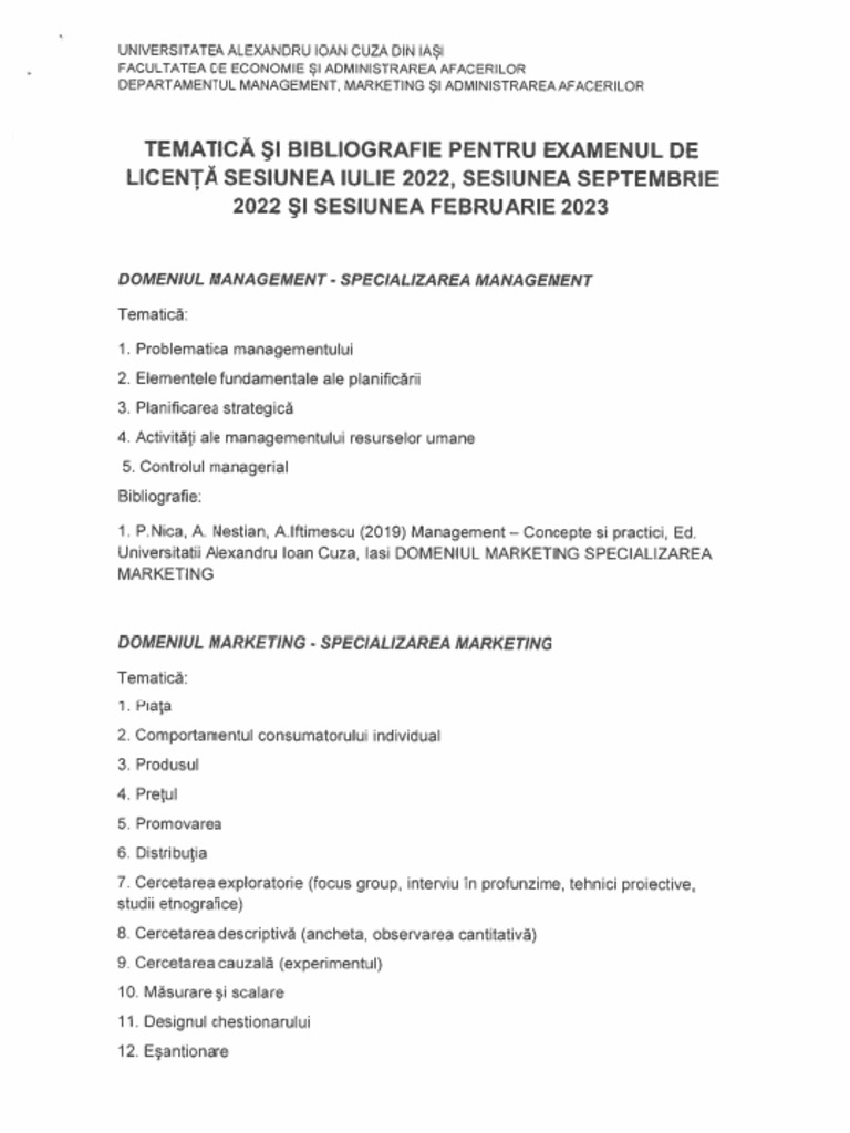 2022 MMAA Tematica Si Bibliografia Examenului de Licenta | PDF