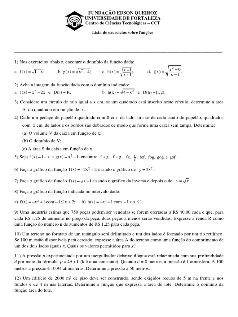 Funções Matemáticas: Exercícios e Gráficos | PDF | Função (Matemática)