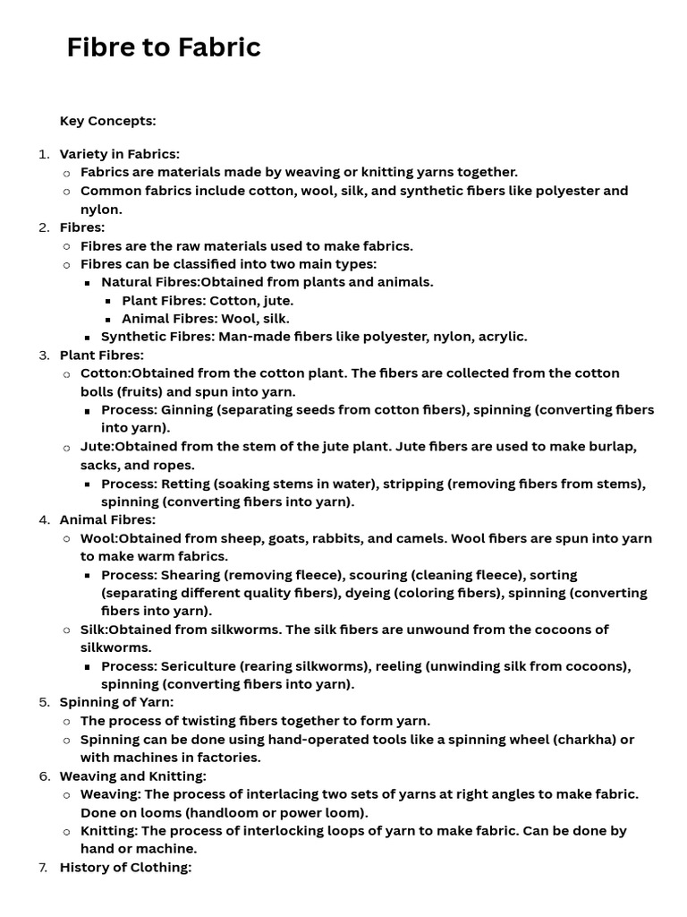 Class 6 CBSE Science - Chapter 3 Fibre to Fabric notes | PDF | Textiles ...